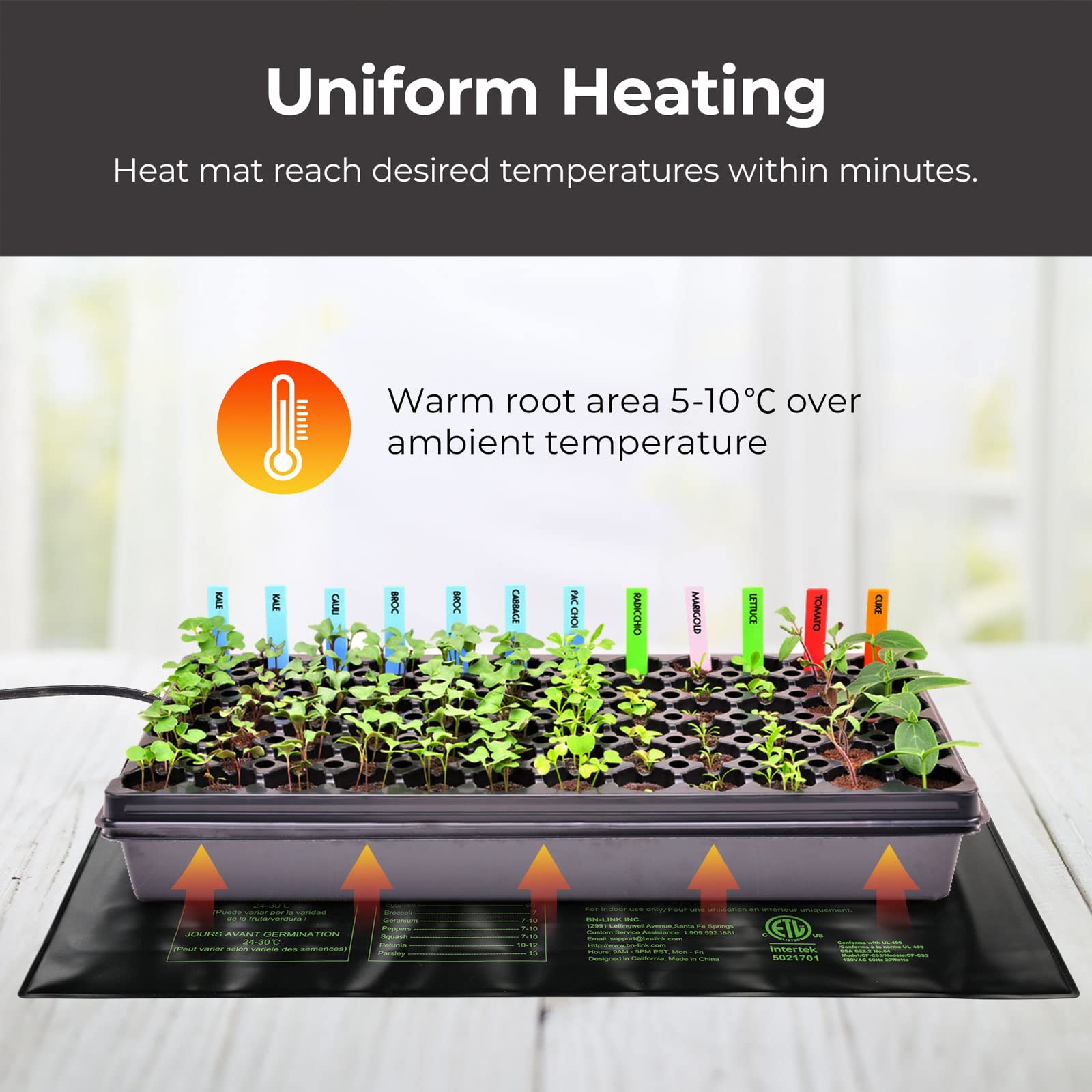 BN-LINK Durable Seedling Heat Mat Warm Hydroponic Heating Pad Waterproof 10" x 20.75" for Seed Starting Greenhouse and Germination