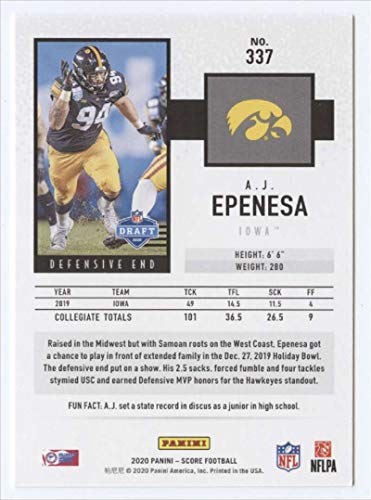 2020 Score #337 A.J. Epenesa RC Rookie Iowa Hawkeyes Football Trading Card