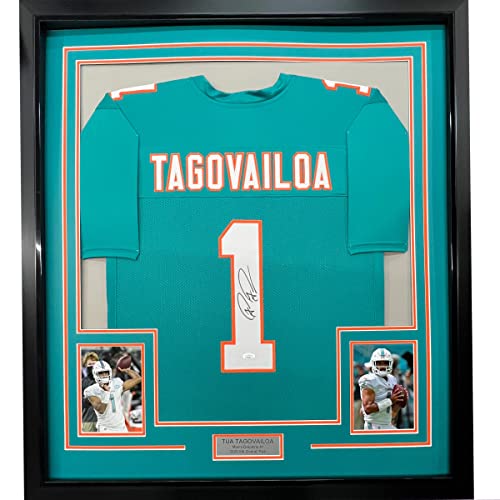 Framed Autographed/Signed Tua Tagovailoa 33x42 Miami Teal Football Jersey Beckett BAS COA