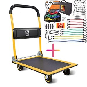 push cart dolly by wellmax, moving platform hand truck, foldable for easy storage and 360 degree swivel wheels with 330lb weight capacity, yellow color with bungee cord set