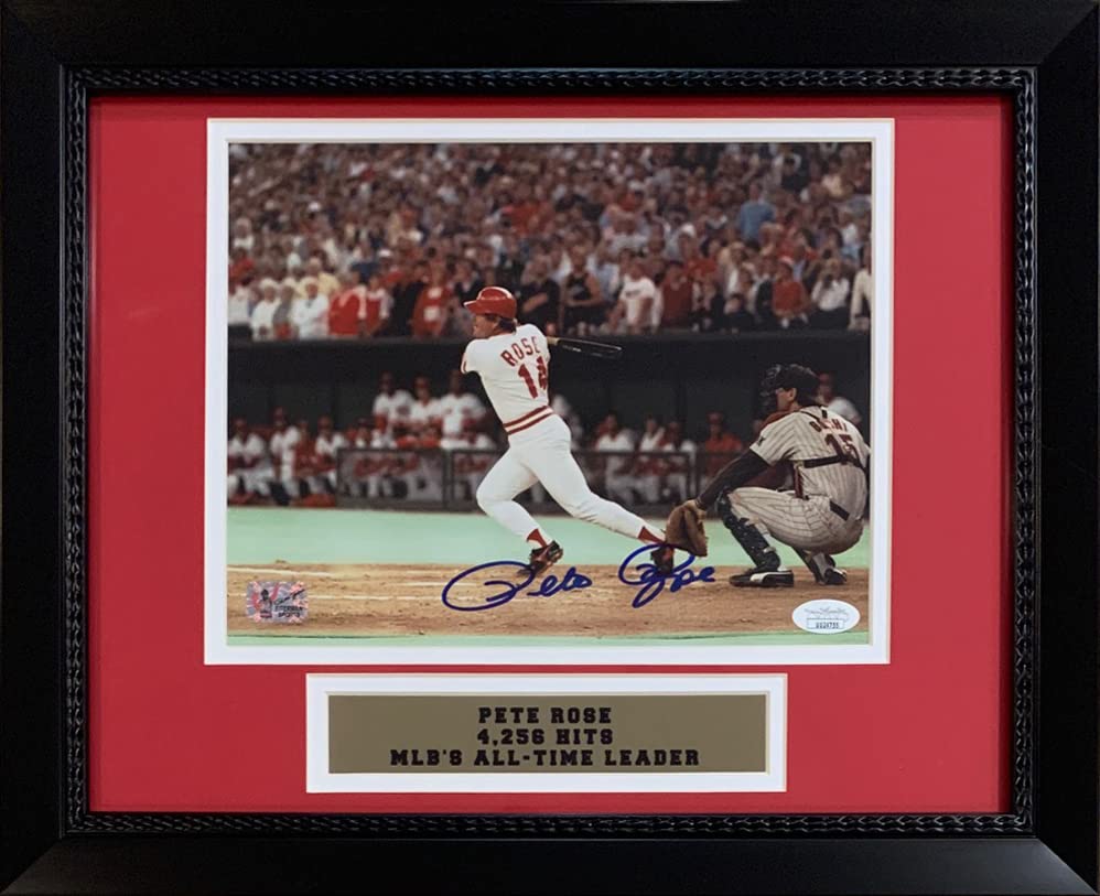 Pete Rose Autographed Signed Framed Baseball 8x10 Photo Hitting 4192 4256 Hit JSA COA