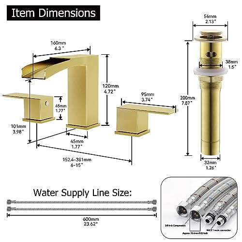 Phiestina 3 Hole 8 Inch Widespread Polished Gold Waterfall Bathroom Faucet with Metal Pop UP Drain and CUPC Water Supply Lines, NS-WF02-1-BG