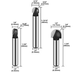 ASNOMY 6pcs Core Box Router Bit 1/4 Inch Shank Round Nose Cove Box Router Bits-1/4" 5/16" 1/2" 5/8" 3/4" 7/8" Cutting Diameter Solid Carbide Core Box Round Nose Router Bits