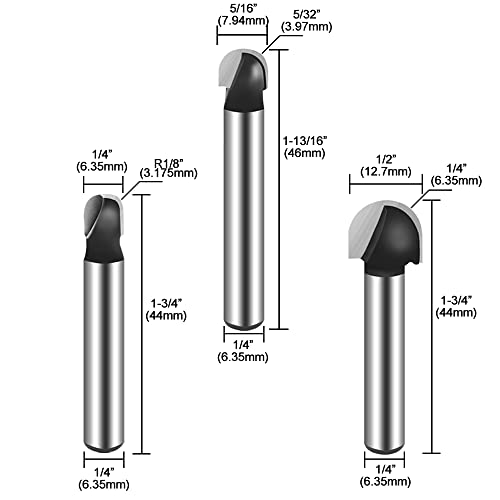 ASNOMY 6pcs Core Box Router Bit 1/4 Inch Shank Round Nose Cove Box Router Bits-1/4" 5/16" 1/2" 5/8" 3/4" 7/8" Cutting Diameter Solid Carbide Core Box Round Nose Router Bits