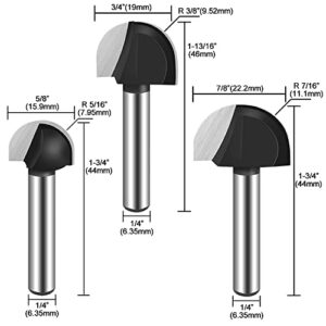 ASNOMY 6pcs Core Box Router Bit 1/4 Inch Shank Round Nose Cove Box Router Bits-1/4" 5/16" 1/2" 5/8" 3/4" 7/8" Cutting Diameter Solid Carbide Core Box Round Nose Router Bits