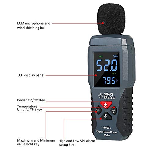 Handheld Sound Level Meter,LCD Decibel Meter,Mini Digital Noise Meter,Decibel Tester,Decibel Alarm,with Red Black Light Alarm and Sound Alarm,Range 30-130dBA