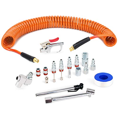 FYPower 1/4 inch x 25 ft Recoil Poly Air Hose Kit, 20 Pieces Air Compressor Accessories Set, 1/4" NPT Quick Connect Air Fittings, Blow Gun, Chuck, Safety and Tapered Nozzles, Couplings, Orange PU Hose