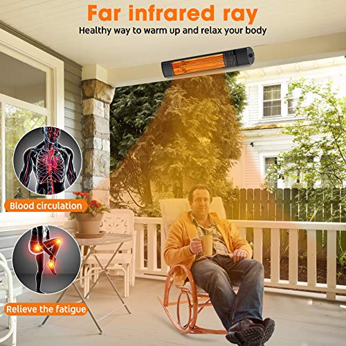 PATIOBOSS Electric Patio Heater - Outdoor Heater Wall Mounted Super Quiet 1500W Fast Heat Gold Tube Infrared Space Heater with Remote Control Safe Overheat Protection Ceiling Hang for Garage IP65