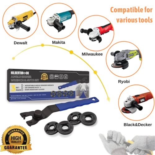 Grinder Wrench Grinder Shaft Nut 5/8-11 4 Pcs Compatible with Makita Milwaukee Dewalt Metabo Grinder Parts Bosch Ryobi Black Decker 4.5" 5" Protective Gloves Included