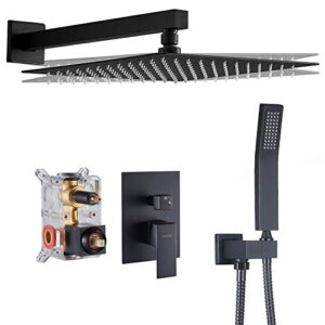 cobbe shower system, shower faucets sets complete, 12 inches matte black shower fixtures with handheld, black shower faucet set for bathroom rough-in valve body and trim included