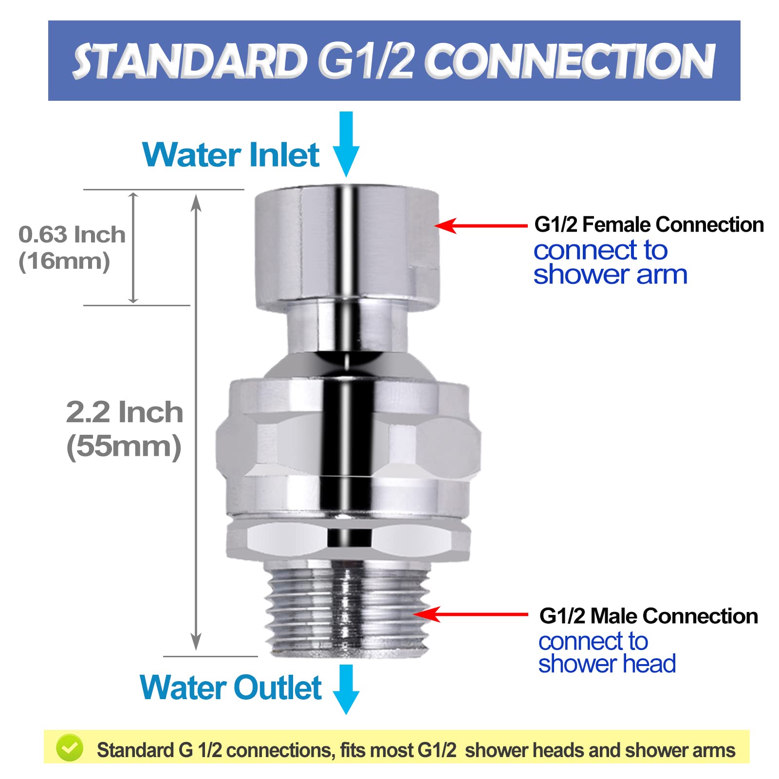 Shower Head Swivel Ball Adapter Brass Adjustable Shower Arm Connector Universal Showering Component Shower Arm Extension, Polished Chrome