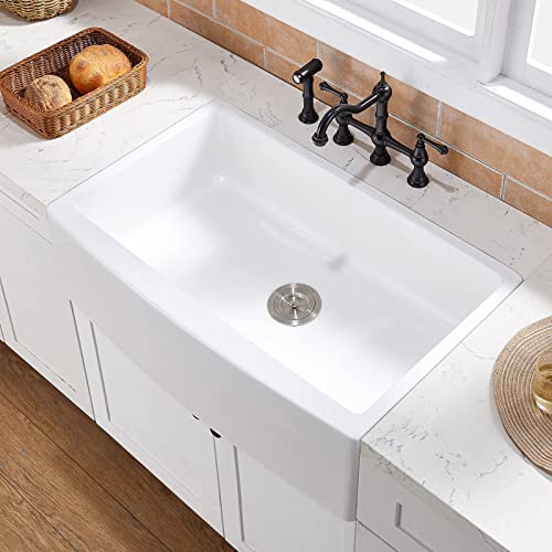 VAPSINT 33 Inch White Farmhouse Sink,Ceramic Apron Front Fireclay Sink Handcrafted Single Bowl Farmhouse Kitchen sink Undermount Porcelain Farm Sink