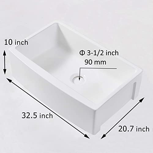 VAPSINT 33 Inch White Farmhouse Sink,Ceramic Apron Front Fireclay Sink Handcrafted Single Bowl Farmhouse Kitchen sink Undermount Porcelain Farm Sink