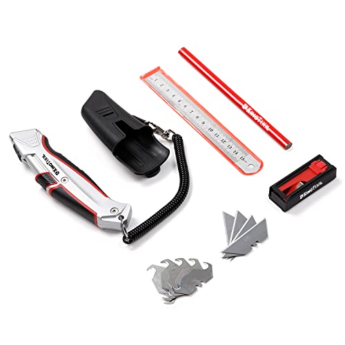 KingTool Self-Retracting Box Cutter with Holster & Belt Clip, Auto Retractable Safety Utility Knife with Total 10PCS SK5 blades, Aaluminum Shell with Rubber Grip, Sturdy & Strong