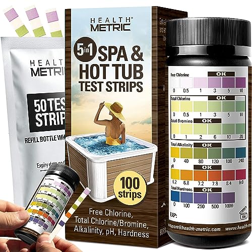 Spa and Hot Tub Test Strips - 100 ct - 5 Way Chemical Testing Strip Kit Tester for Chlorine & Bromine Spas & Tubs - Calibrated for Warm Water to Maximize Accuracy - FC TC/TB Alkalinity pH & Hardness