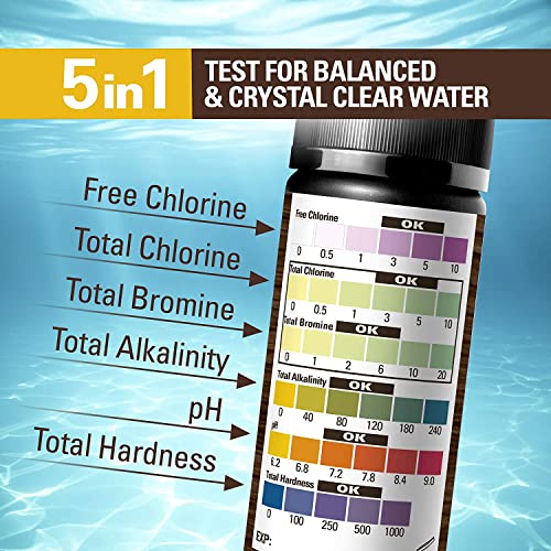 Spa and Hot Tub Test Strips - 100 ct - 5 Way Chemical Testing Strip Kit Tester for Chlorine & Bromine Spas & Tubs - Calibrated for Warm Water to Maximize Accuracy - FC TC/TB Alkalinity pH & Hardness