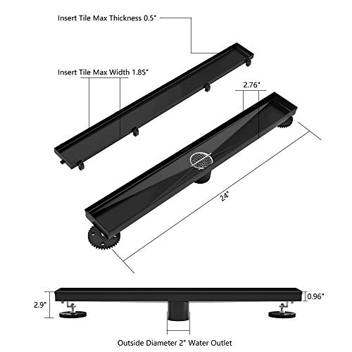 USHOWER 24-Inch Linear Shower Drain with Reversible 2-in-1 Tile Insert Cover, SUS304 Stainless Steel, Includes Hair Strainer, Matte Black