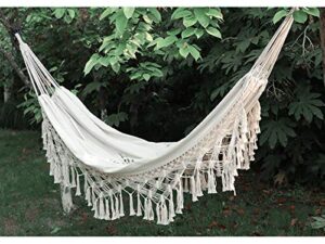 hiplus handmade boho large brazilian macrame fringe 2 person double deluxe hammock swing net chair for beach, yard, bedroom, patio, porch, indoor, outdoor, wedding decor 79" lx 59" w