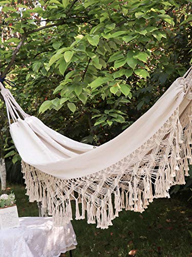 Hiplus Handmade Boho Large Brazilian Macrame Fringe 2 Person Double Deluxe Hammock Swing Net Chair for Beach, Yard, Bedroom, Patio, Porch, Indoor, Outdoor, Wedding Decor 79" Lx 59" W