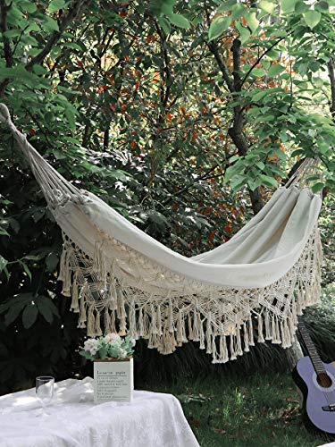 Hiplus Handmade Boho Large Brazilian Macrame Fringe 2 Person Double Deluxe Hammock Swing Net Chair for Beach, Yard, Bedroom, Patio, Porch, Indoor, Outdoor, Wedding Decor 79" Lx 59" W