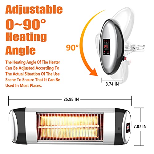 PATIOBOSS Electric Patio Heater, 1500W Wall-Mounted Outdoor Infrared Heat Lamp w/ Remote Control, Quiet for Indoor/Outdoor Use w/ 3 Heating Levels, LED Display, 24H Timer, Waterproof IP34