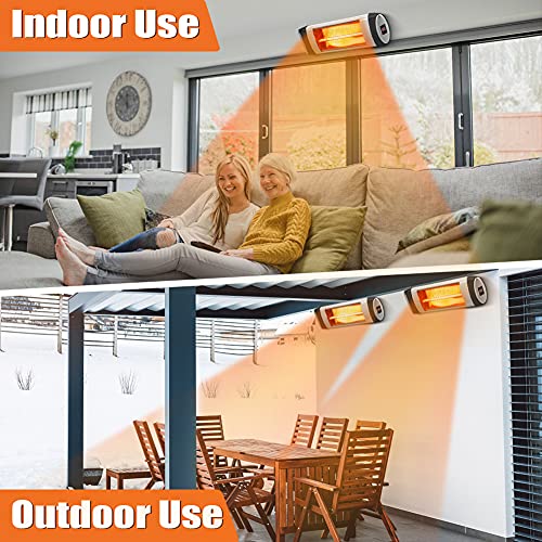 PATIOBOSS Electric Patio Heater, 1500W Wall-Mounted Outdoor Infrared Heat Lamp w/ Remote Control, Quiet for Indoor/Outdoor Use w/ 3 Heating Levels, LED Display, 24H Timer, Waterproof IP34