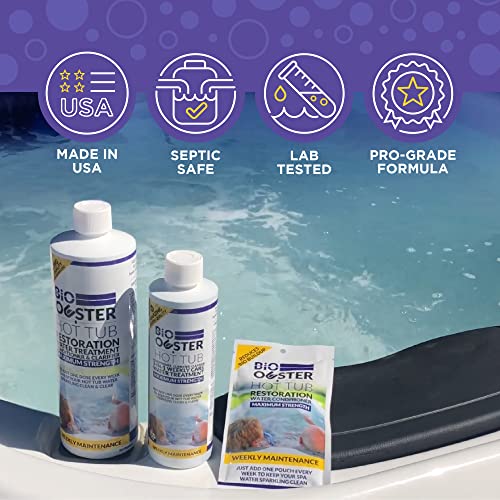 Bio Ouster Hot Tub Chemicals Watercare Kit - Inflatable Hot Tub Chemical Kit, Hot Tub Cleaner, Spa Chemicals for Hot Tub, Spa Cleaner for Hot Tub - 3in1 Weekly Care, Tub Restoration, Towel, Cup (Kit)