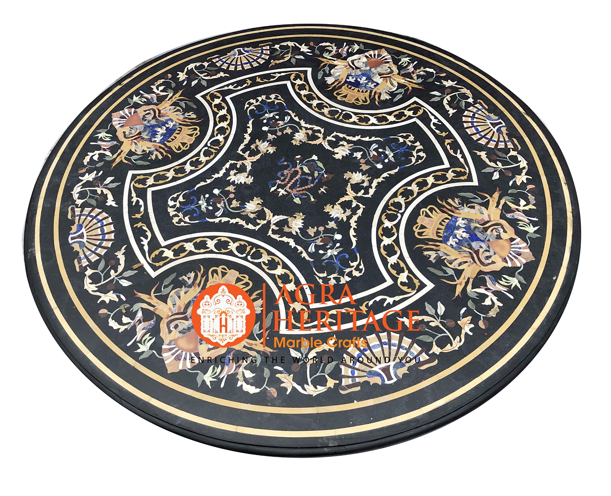 Black Marble Round Dining Top Table Pietra Dura Italian Inlay Art Furniture Decor | 48"x48" Inches