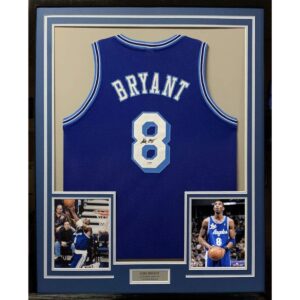 framed autographed/signed kobe bryant 33x42 los angeles la retro blue basketball jersey psa/dna coa