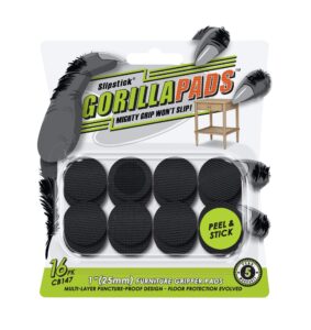 slipstick gorillapads cb147 non slip furniture pads/gripper feet (set of 16) self adhesive rubber floor protectors, 1 inch round, black