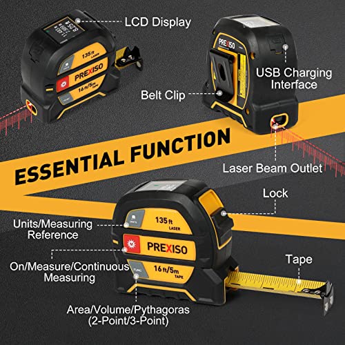 PREXISO 2-in-1 Laser Tape Measure, 135Ft Rechargeable Measurement Tool & 16Ft Measuring Movable Magnetic Hook - Pythagorean, Area, Volume, Ft/Ft+in/in/M Unit NOT Digital