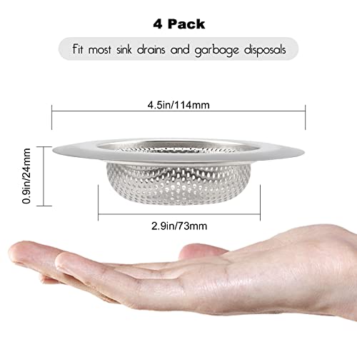 4 Pcs Kitchen Sink Strainer, SZUAH Stainless Steel Drain Filter Strainer with Large Wide Rim 4.5" Diameter Perfect for Most Kitchen Sinks