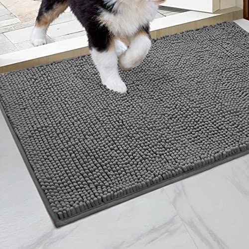 HOMEIDEAS Absorbent Chenille Door Mat Indoor, 20“x32”, Dirt Trapper Machine Washable Non Slip Throw Rugs for Entryway, Entrance, Mud Room, Thick Welcome Doormat, Grey