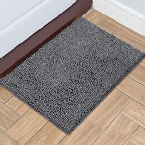 HOMEIDEAS Absorbent Chenille Door Mat Indoor, 20“x32”, Dirt Trapper Machine Washable Non Slip Throw Rugs for Entryway, Entrance, Mud Room, Thick Welcome Doormat, Grey