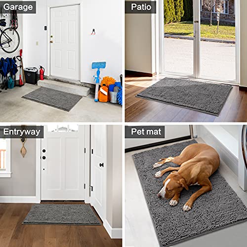 HOMEIDEAS Absorbent Chenille Door Mat Indoor, 20“x32”, Dirt Trapper Machine Washable Non Slip Throw Rugs for Entryway, Entrance, Mud Room, Thick Welcome Doormat, Grey