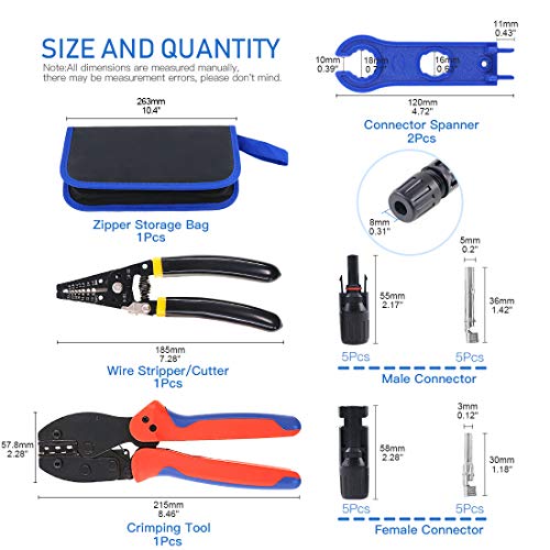 Glarks 24Pcs Solar Crimper Solar Crimping Tools for 2.5/4/6mm² Solar Panel PV Cable with 6 Pair Solar Panel Connector and 1 Pair Solar Connector Assembly Tool Spanner Wrench and a Wire Stripper