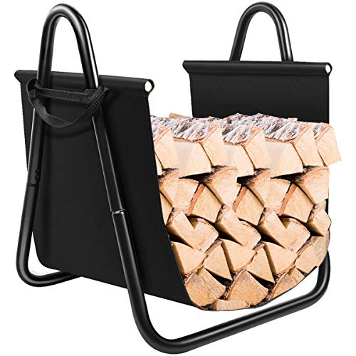 Goplus Firewood Log Holder with Canvas Tote Carrier, Heavy-Duty Firewood Storage Holders Log Bin, Indoor Outdoor Fire Logs Stacker Basket with Kindling Wood Stove Accessories Handle