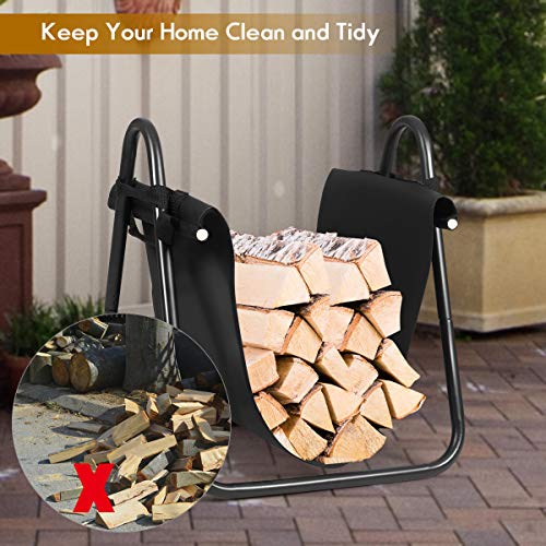 Goplus Firewood Log Holder with Canvas Tote Carrier, Heavy-Duty Firewood Storage Holders Log Bin, Indoor Outdoor Fire Logs Stacker Basket with Kindling Wood Stove Accessories Handle