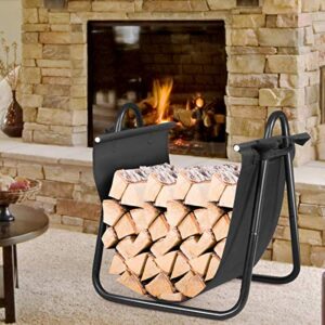 Goplus Firewood Log Holder with Canvas Tote Carrier, Heavy-Duty Firewood Storage Holders Log Bin, Indoor Outdoor Fire Logs Stacker Basket with Kindling Wood Stove Accessories Handle