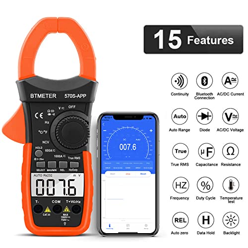 BTMETER Digital Clamp Multimeter BT-570S-APP, 6000 Counts TRMS Clamp-on Ammeter Auto Ranging Voltage Tester Measure AC DC Volt Amp Ohm NCV Temperature Capacitance