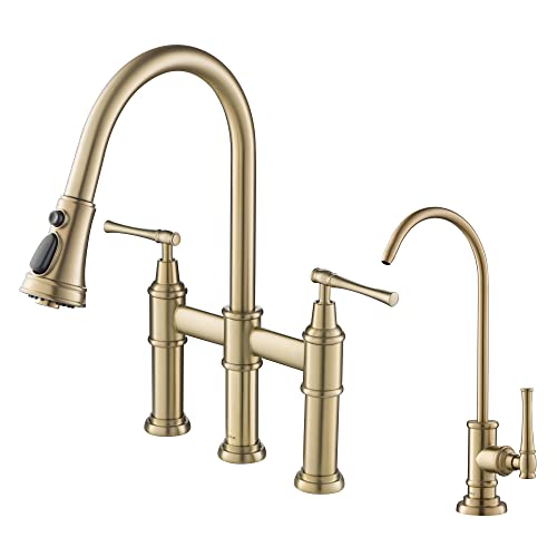 KRAUS Allyn Transitional Bridge Kitchen Faucet and Water Filter Faucet Combo in Brushed Gold, KPF-3121-FF-102BG