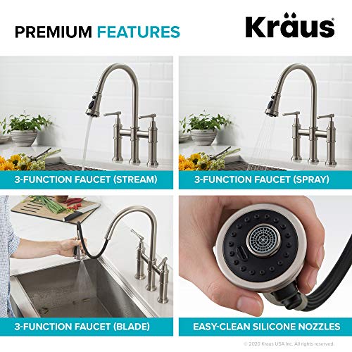 KRAUS Allyn Transitional Bridge Kitchen Faucet and Water Filter Faucet Combo in Brushed Gold, KPF-3121-FF-102BG