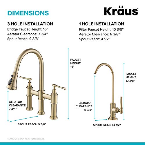 KRAUS Allyn Transitional Bridge Kitchen Faucet and Water Filter Faucet Combo in Brushed Gold, KPF-3121-FF-102BG