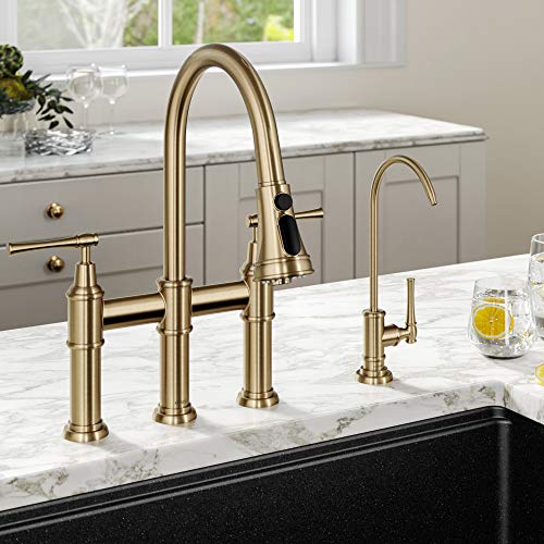 KRAUS Allyn Transitional Bridge Kitchen Faucet and Water Filter Faucet Combo in Brushed Gold, KPF-3121-FF-102BG