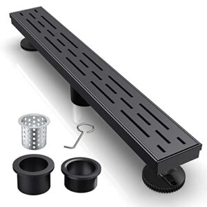 24 inch rectangular linear shower drain with brick pattern grate,304 stainless steel bathroom floor drain, adjustable feet, threaded adapter included?hair strainer?matte black