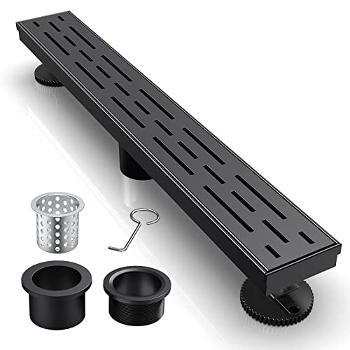 24 inch Rectangular Linear Shower Drain with Brick Pattern Grate,304 Stainless Steel Bathroom Floor Drain, Adjustable Feet, Threaded Adapter Included?Hair Strainer?Matte Black