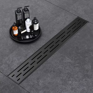 24 inch Rectangular Linear Shower Drain with Brick Pattern Grate,304 Stainless Steel Bathroom Floor Drain, Adjustable Feet, Threaded Adapter Included?Hair Strainer?Matte Black