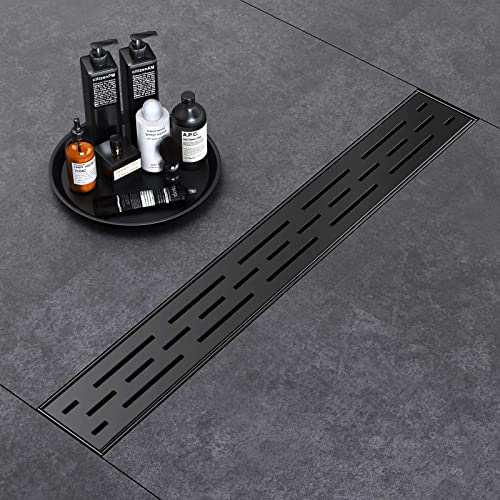 24 inch Rectangular Linear Shower Drain with Brick Pattern Grate,304 Stainless Steel Bathroom Floor Drain, Adjustable Feet, Threaded Adapter Included?Hair Strainer?Matte Black