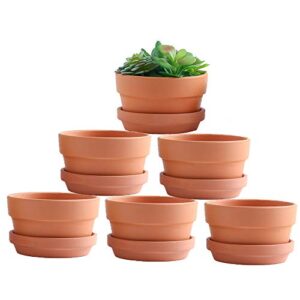 yishang 5 inch shallow terracotta clay pots with drain hole,ceramic plant pots for indoor/outdoor plants,unglazed bonsai planter with saucer/tray for cacuts/succulent plants