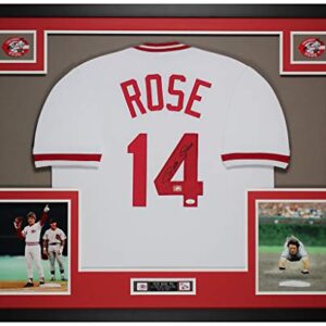 Pete Rose Autographed White Cincinnati Reds Jersey - Beautifully Matted and Framed - Hand Signed By Rose and Certified Authentic by JSA - Includes Certificate of Authenticity